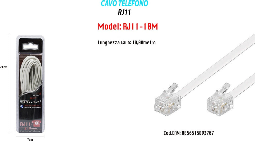 Cavo Prolunga Telefonica Rj11 10mt Maxtech Rj11-10m Collegamento Modem ...