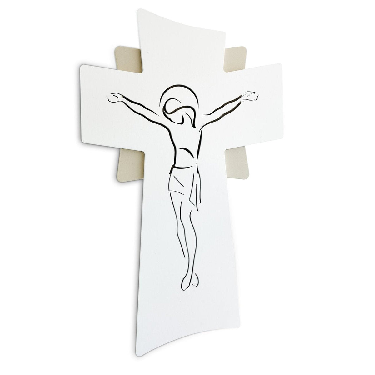 Crocifisso in legno verniciato bianco e beige con incisione "Made in ...